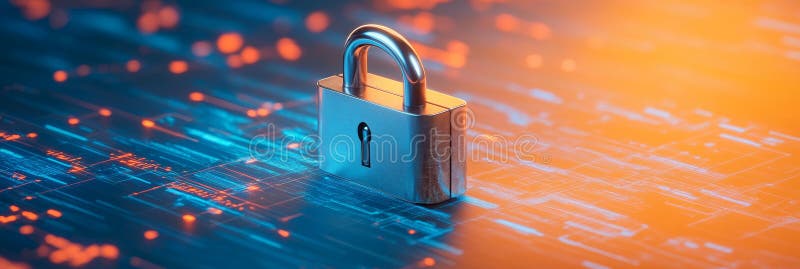 Digital Security Padlock on Network Surface with Soft Blue and Orange ...