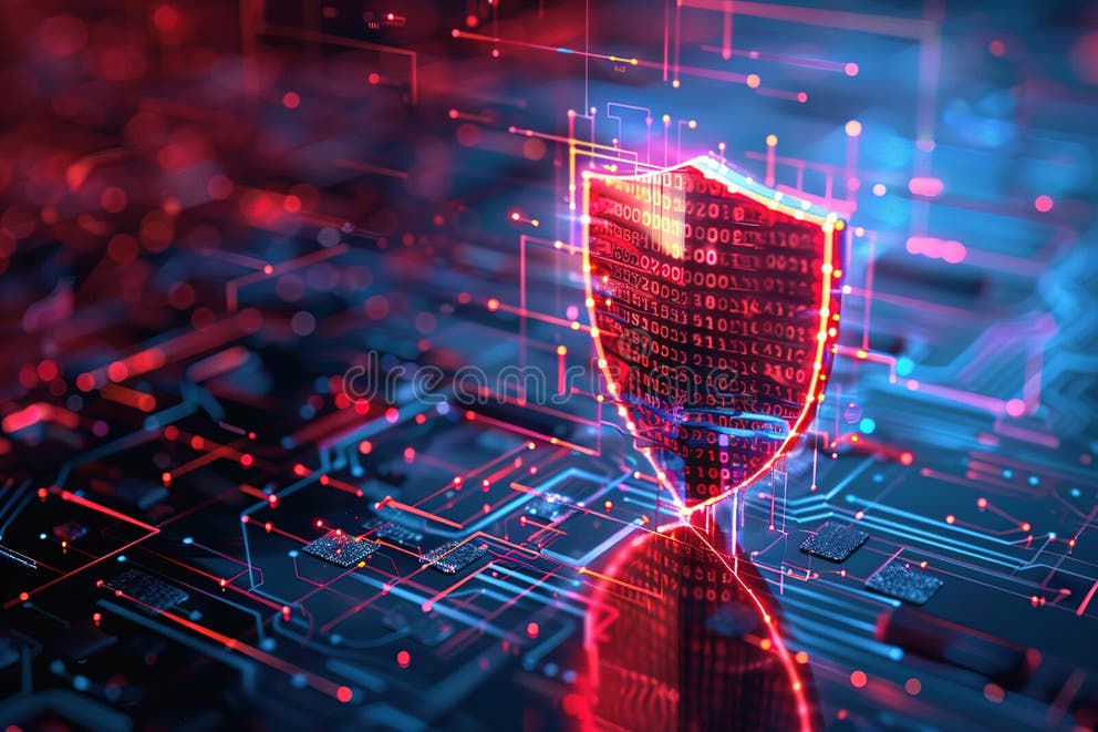 Digital Security Shield with Binary Code and Circuitry on a Dynamic Red and Blue Background ...