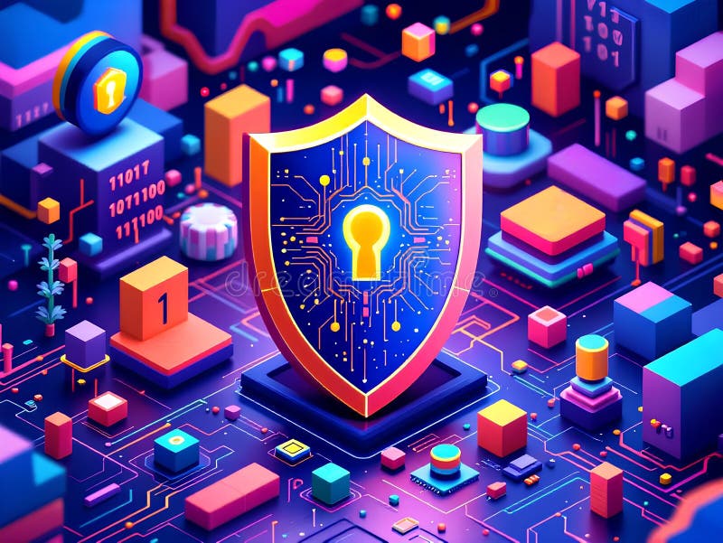 Digital Security Shield on Circuit Board Protecting Cyber Data Stock ...