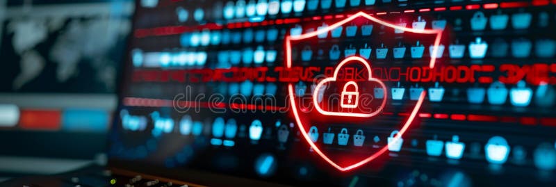 Digital Security Shield with Cloud, Padlock Icon, Binary Code Data ...