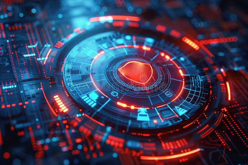 Digital Security Shield on Cyber Background with Red and Blue Glowing ...
