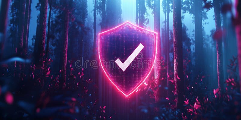 Digital Security Shield Glowing in Forest with Check Mark Symbolizing ...