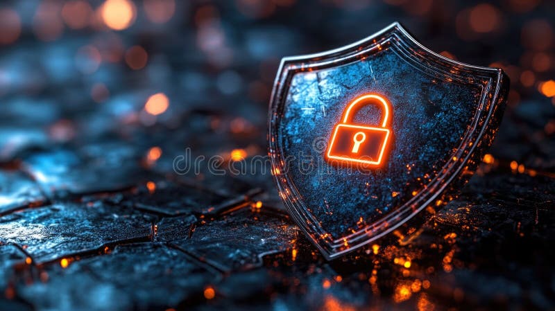Digital Security Shield with Glowing Lock Over Tech Surface Stock Photo ...
