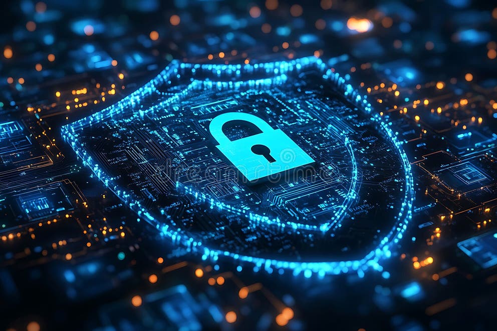 Digital Security Shield Lock on Electronic Circuit Board Cyber Data ...