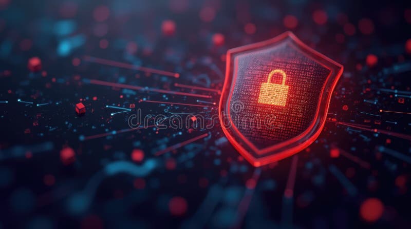 Digital Security Shield with a Lock Symbol and Data Points Glowing in ...