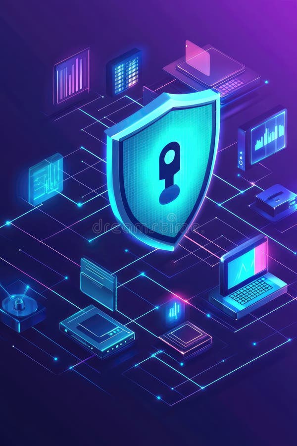 Digital Security Shield Surrounded by Various Technology Devices in a ...