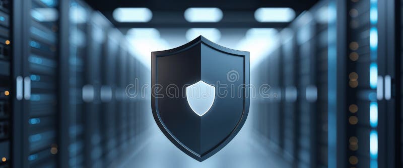 Digital Security Shield Symbol on Server Background with Bright Lights ...