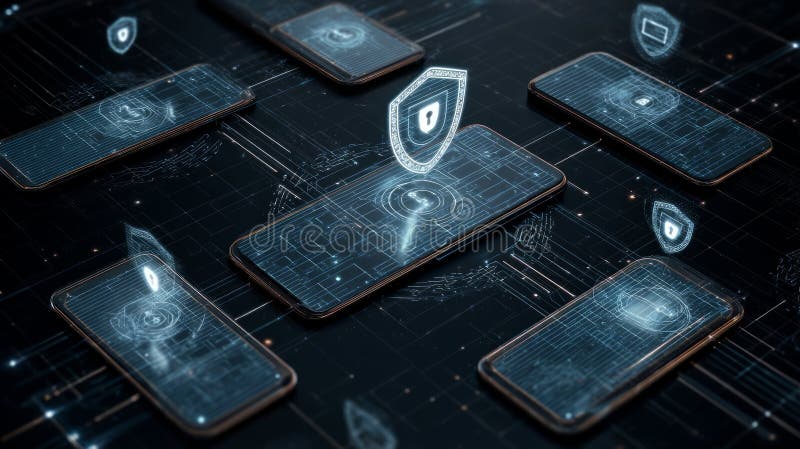 Digital Security Shields Hovering Above Smartphones. Neural Network AI ...