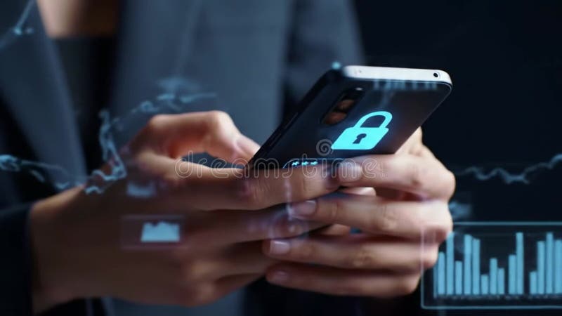 Digital Security on Smartphone: Hands Holding Mobile Phone with Cyber ...