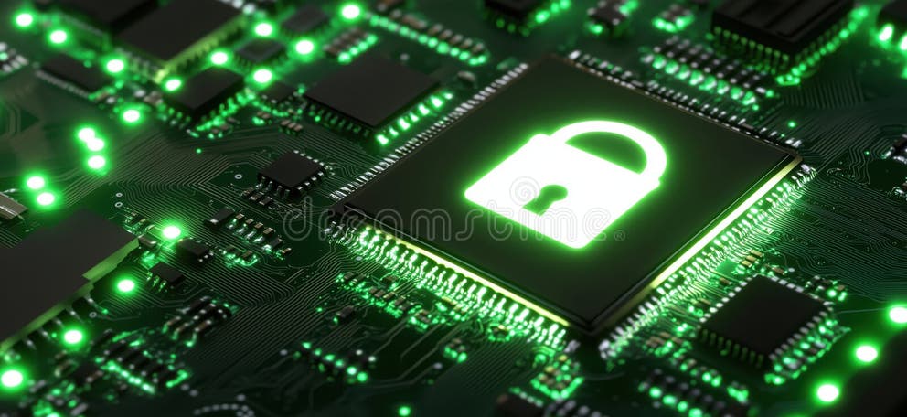 Digital Security Symbol on Microchip Circuit Board with Glowing Green ...