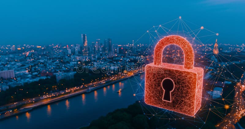 Digital Security Symbols with Glowing Padlock Over City Skyline at Dusk ...