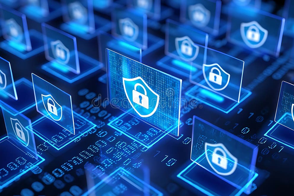 Digital Security System Depicting Data Encryption with Shields and Lock ...