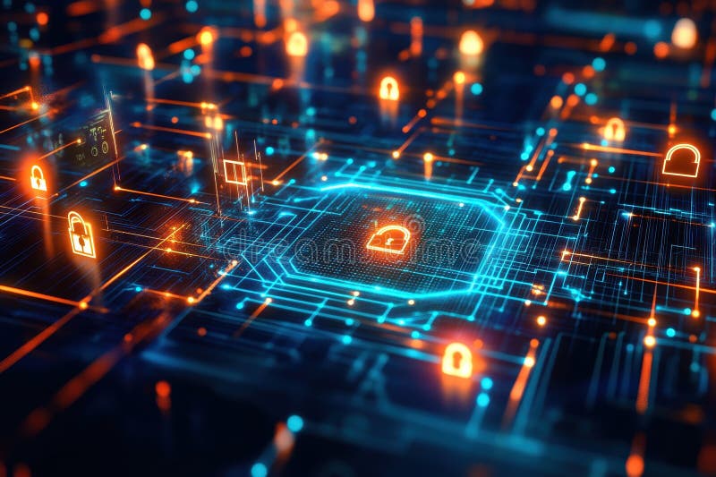 Digital Security System with Illuminated Lock Icon and Circuit Board ...