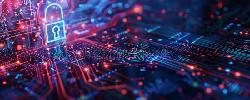 Digital Security Theme with a 3D Lock, Circuit Patterns, and Encrypted ...