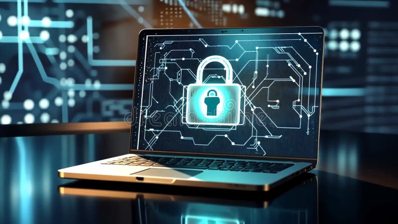 Digital Security Transformation Glowing Padlock on Laptop Highlights Cyber Safety. Modern ...