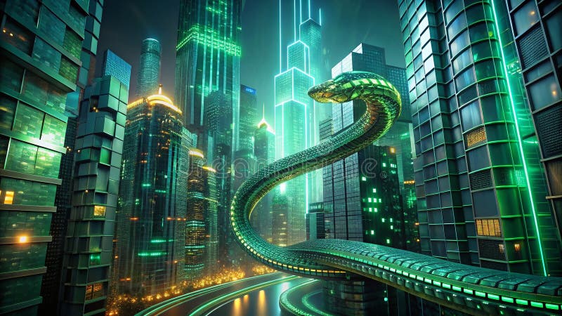 A Digital Serpent Winds through a Binary Cityscape Exploring Futuristic ...