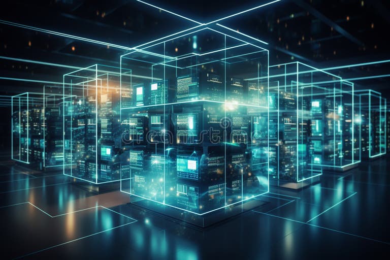 Digital Server Room Data Center with Rows of Hard Drives 3d Rendering ...