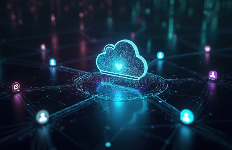 Digital Service Data Application Concept. Bright Digital Cloud Icon Surrounded by Social Symbols ...
