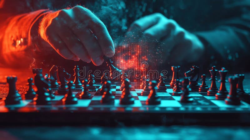 In a Digital Setting, a Futuristic Chess Game Unfolds with Glowing Digital Chess Pieces that ...