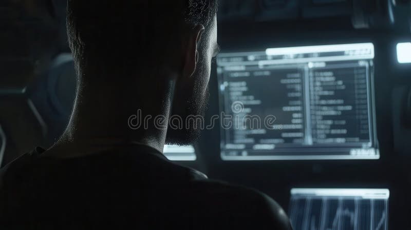 Digital Shadows Man Analyzing Data on Futuristic Screens in a Dark ...