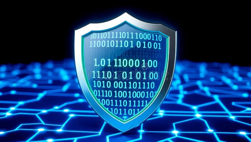 A Digital Shield with Binary Code on a Blue Circuit Board Representing Cyber Security and Data ...