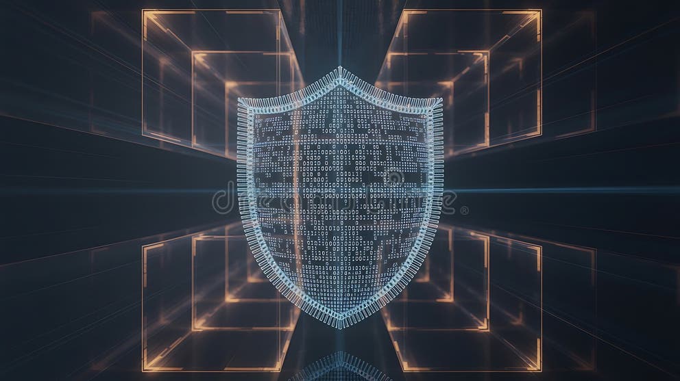 Digital Shield with Binary Code and Glowing Cubes Cybersecurity Stock ...