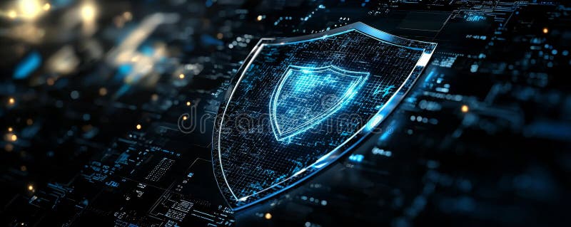 Digital Shield a Blue Glowing Shield on a Dark Circuit Board Background ...