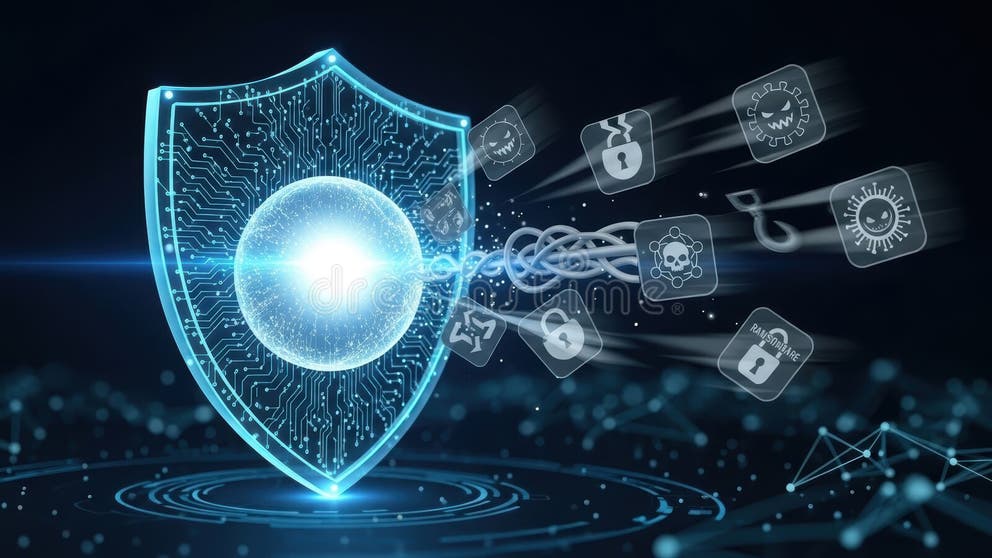 A Digital Shield Deflecting Icons of Cyber Attacks. Stock Illustration ...