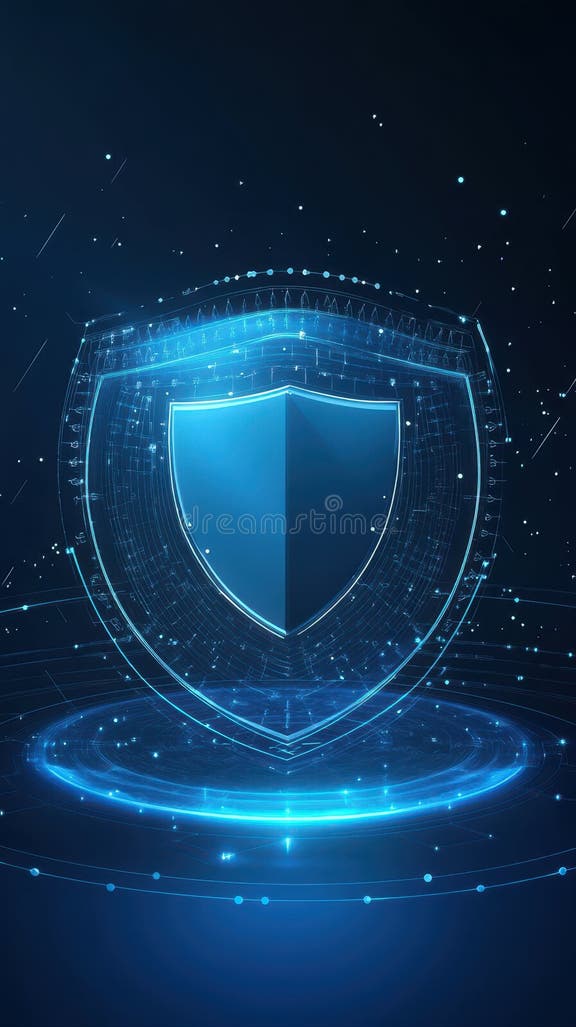 Digital Shield Emblem Hovers Above Glowing Platform with Interconnected ...