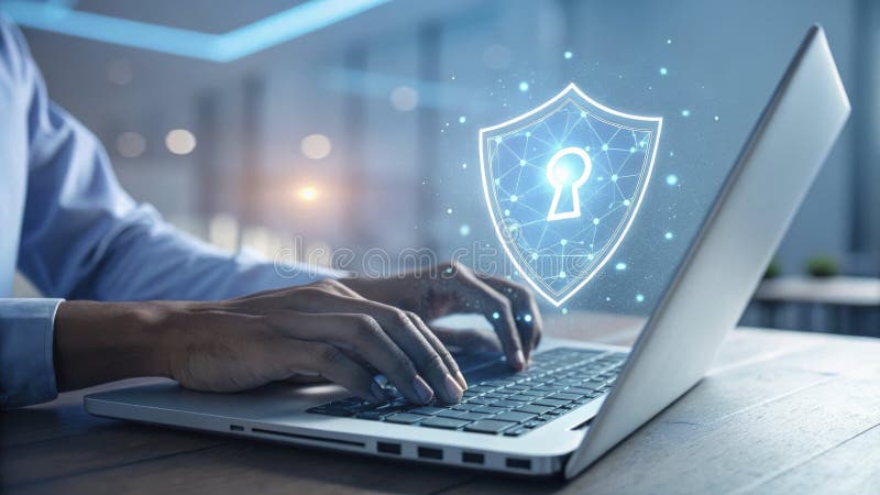 Hands Typing on a Laptop Keyboard with a Digital Shield Icon ...