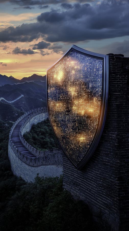 A Digital Shield Glows at Great Wall at Sunset. Stock Illustration ...