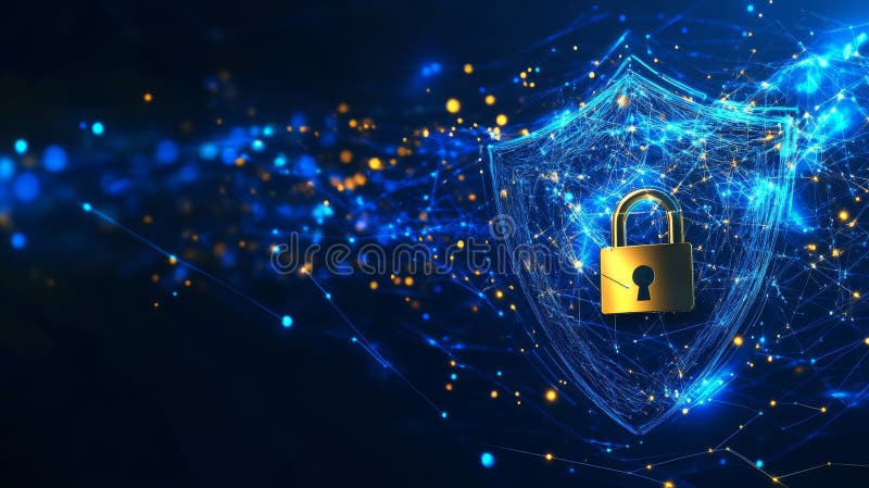 Digital Shield with Golden Lock and Interconnected Blue Network Stock ...
