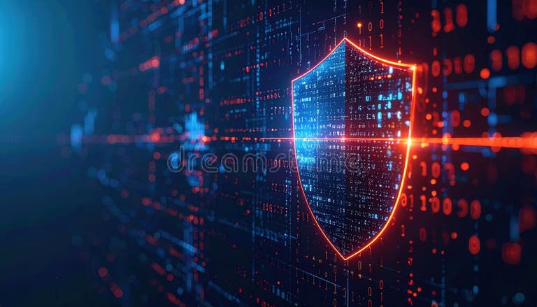Digital Shield Icon Surrounded by Binary Code and Firewall Visuals ...