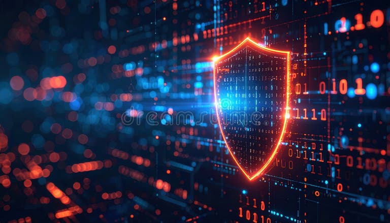 Digital Shield Icon Surrounded by Binary Code and Firewall Visuals ...
