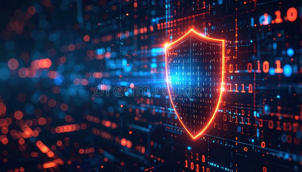 Digital Shield Icon Surrounded by Binary Code and Firewall Visuals ...