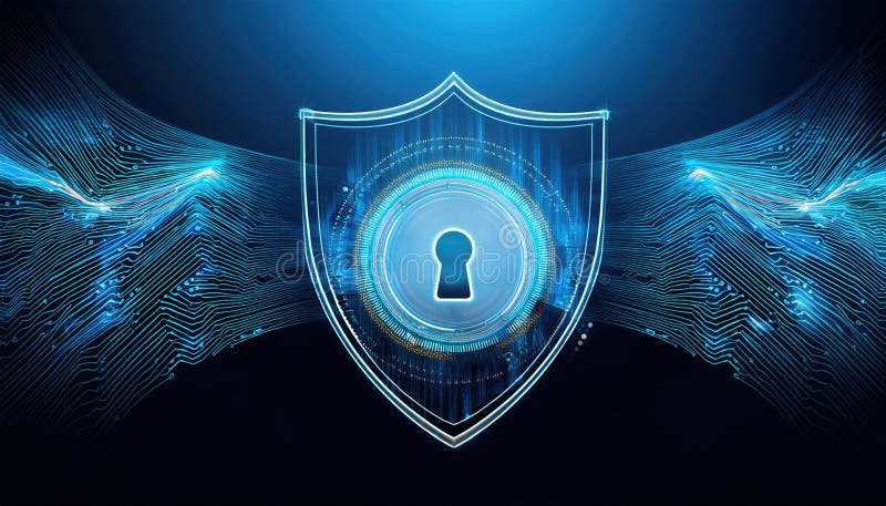 Digital Shield with a Lock Embodies Cybersecurity, Surrounded by ...
