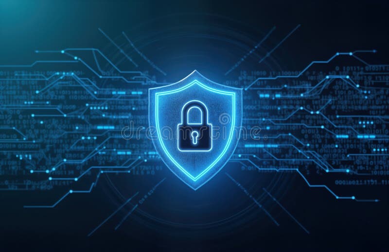 Digital Shield with Lock Graphic Shows Tech Security. Binary Code Background with Glowing Blue ...
