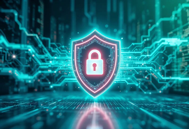 A Digital Shield with a Lock Symbol Represents Cybersecurity Concerns and Information Security ...