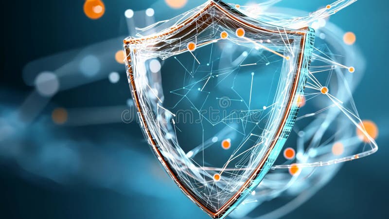 Digital Shield with Network Connections and Bright Fire Effects on Dark ...