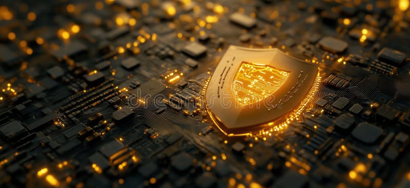 Digital Shield Protecting Circuit Board with Golden Glow, Symbolizing ...