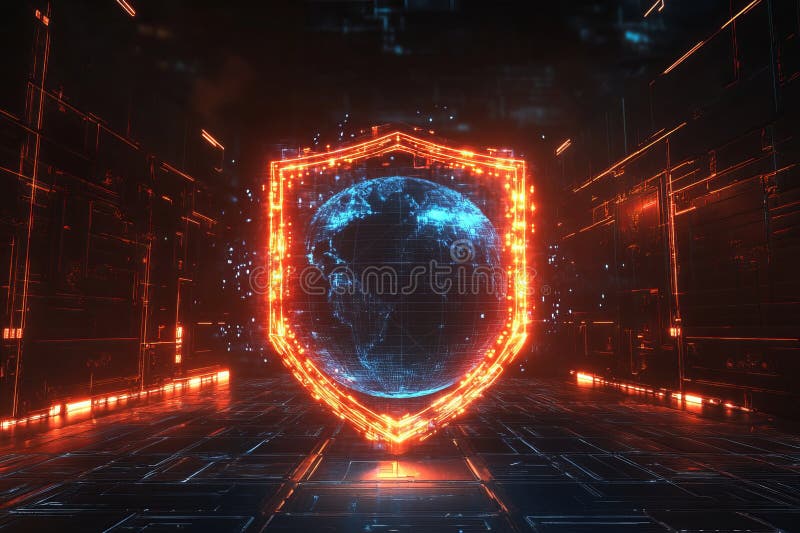 Digital Shield Protecting Global Data with Futuristic Neon Effects ...