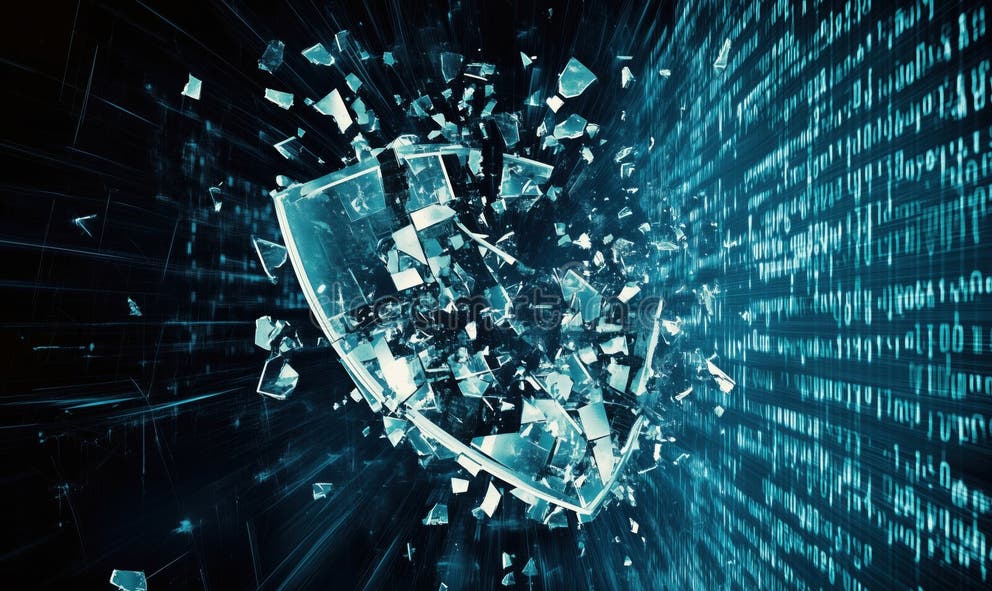 Digital Shield Shattering with Binary Code Background, Symbolizing ...