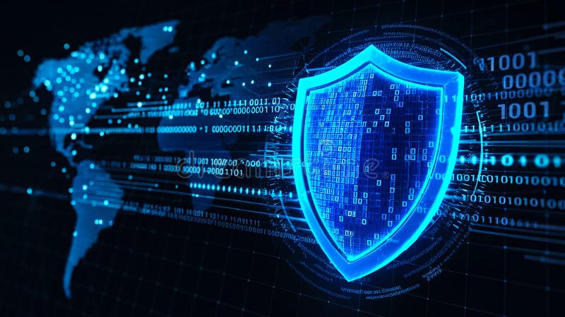 Digital Shield Symbolizing Cybersecurity Over a World Map with Data Streams and Binary Code ...
