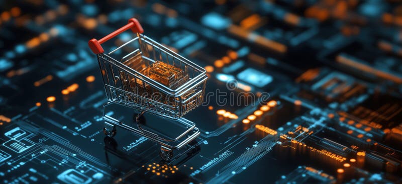Digital Shopping Cart on Circuit Board Background Representing E ...