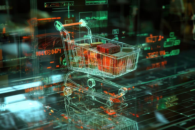 Digital Shopping Cart Concept with 3D Visualization of Products and ...