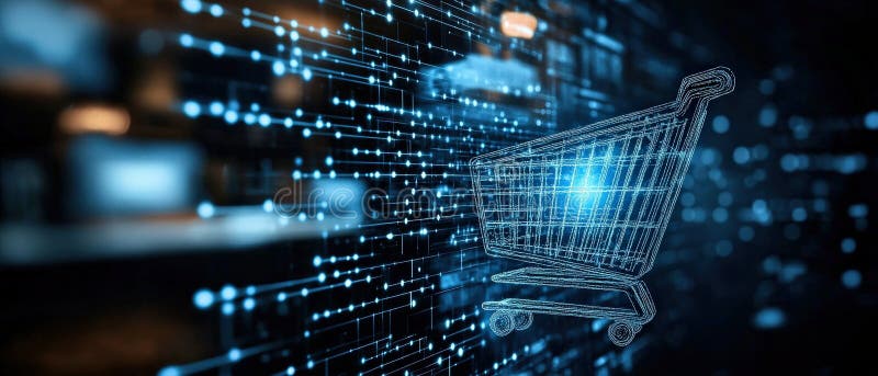 Digital Shopping Cart in a Data Stream Stock Illustration ...