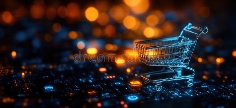 Digital Shopping Cart on Futuristic Data Background with Glowing Lights ...