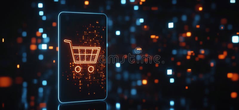 Digital Shopping Cart Icon on Smartphone Screen with Glowing Data ...