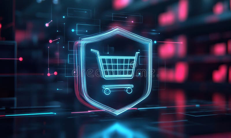 Digital Shopping Cart Shield, Cybersecurity Concept, Neon Colors ...