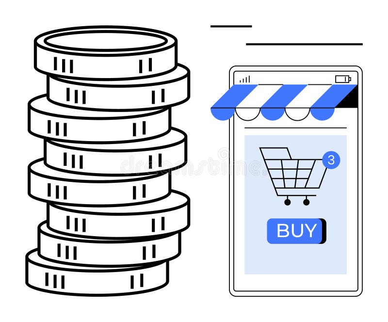 Digital Shopping Concept Featuring Online Storefront and Stack of Coins ...